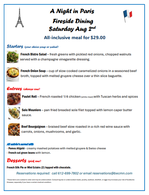 Fireside Saturday Dining - A Night in Paris - Bloomington Event Center