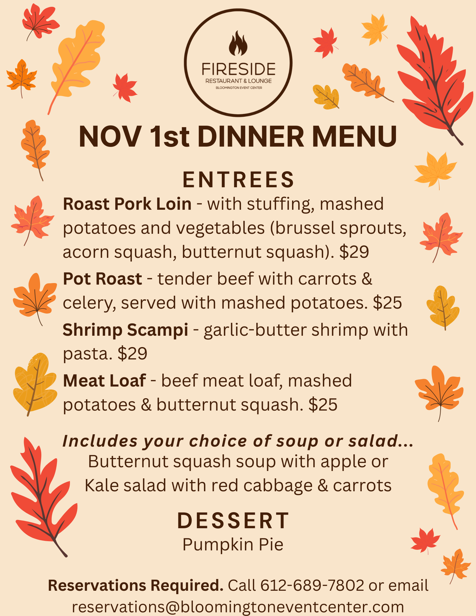 Fireside Saturday Dining - Bloomington Event Center